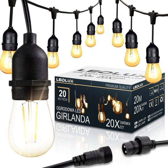 GIRLANDA Ogrodowa LED 20m + 20x Żarówek E27 Zewnętrzna Łańcuch Lampki ...