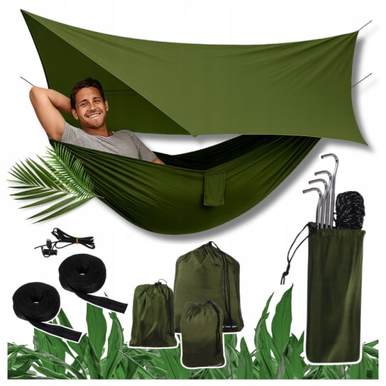 Hamak turystyczny z moskitierą tarp 2-osobowy 260×140 cm khaki 250 kg ...