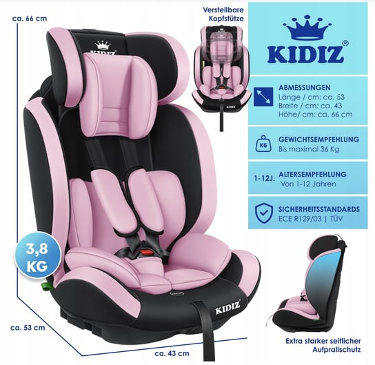 KIDIZ Fotelik samochodowy dla dzieci, 9 kg - 36 kg, 1-12 lat, różowy ...