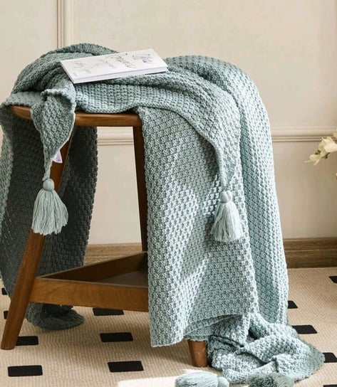 Koc pled z dzianiny tkany z pomponami,pled piknikowy BOHO 130/170cm ...