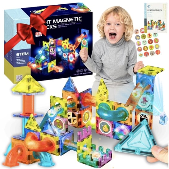 KOMPLET 75 SZT KLOCKI KONSTRUKCYJNE MAGNETYCZNE TORY KULKOWE ŚWIECĄCE ...