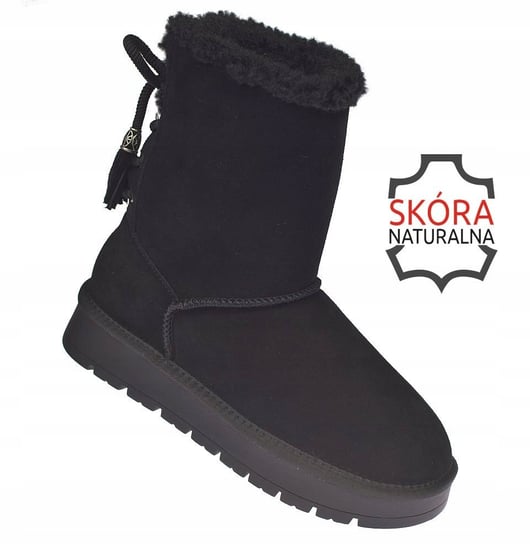 Kozaki damskie skórzane śniegowce CY180 czarne sznurowane ocieplane roz ...