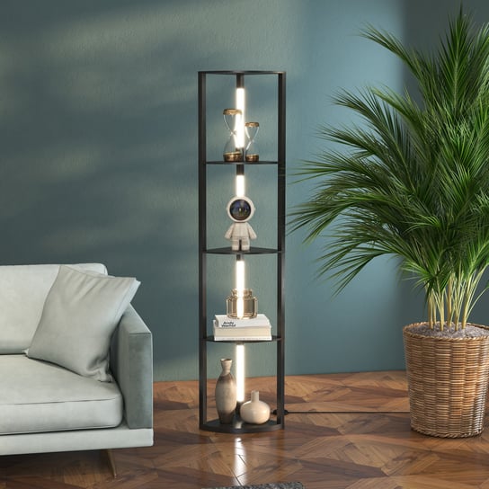 Lampa stojąca LED, narożny regał, ściemniana, 4 półki, ciepłe białe ...