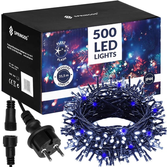 Lampki Świąteczne 500 Led Biały Zimny + Niebieski Flash 31,5 M ...
