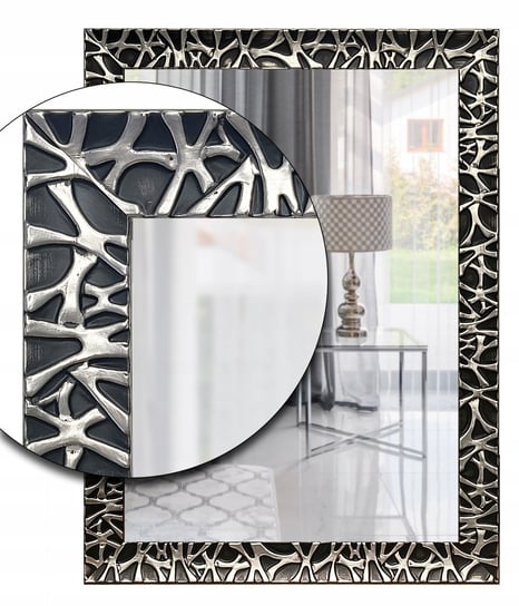 Lustro w drewnianej czarnej ramie, czarno srebrne ornamenty 90x40 c5 ...