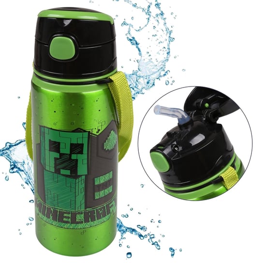 Minecraft aluminiowy bidon, zielona butelka z paskiem i adresówką 600ml ...