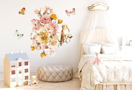 Naklejki na ścianę kwiaty peonie kwiatki różowe żółte motyle XL 105x255 ...