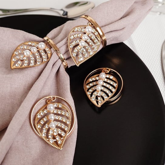 Obrączki pierścienie ringi na serwetki metalowe złote liście 4 szt. - Vilde | Sklep EMPIK.COM