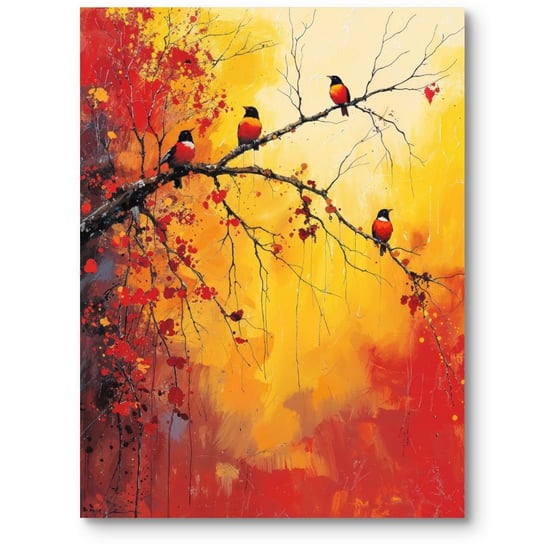 Obraz jesienne ptaki na gałęzi do salonu pomarańczowo-czerwony 50x70 cm ...