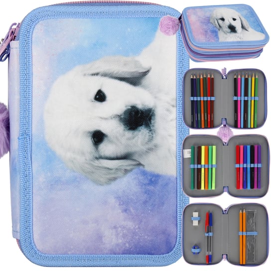 Piórnik z wyposażeniem trzykomorowy dla dziewczynki, Galaxy 531630 Starpak, pies, niebieski ...