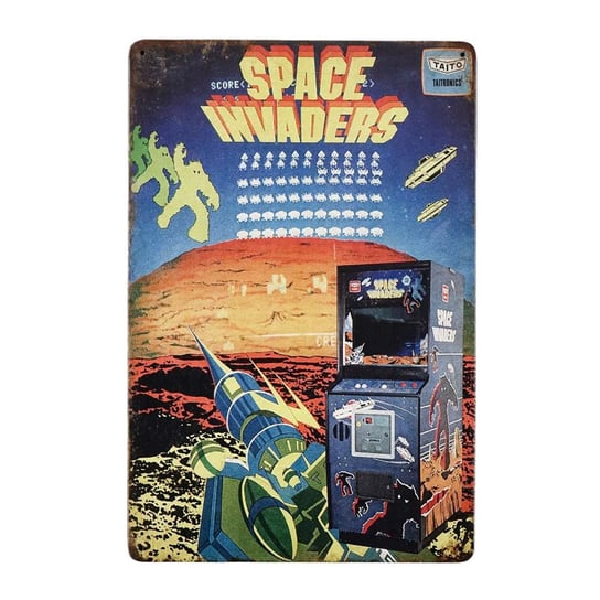Plakat ozdobny Tabliczka dekoracyjna metalowa SPACE INVADERS retro ...