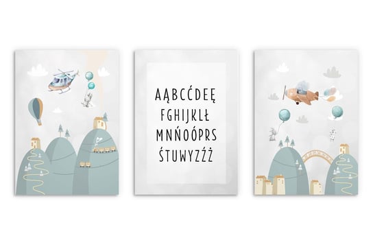Plakaty dziecięce Alfabet Góry Samolot Pastelowy Zestaw 3 obrazów 30x40 ...