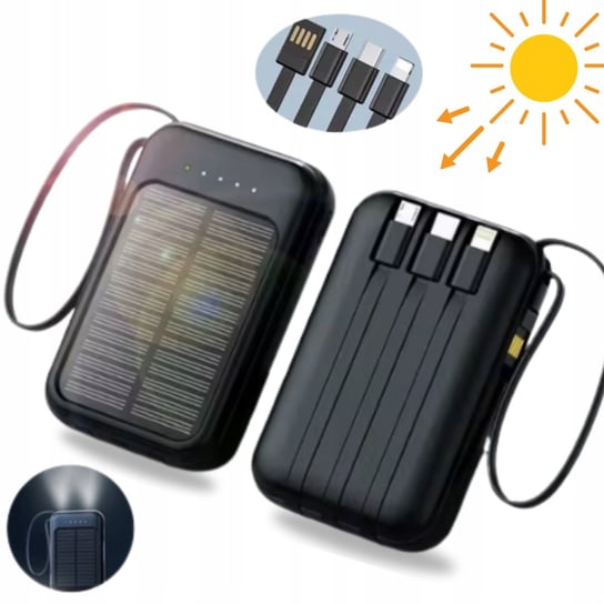 POWERBANK SOLARNY 10 000 mAh 4W1 Z PRZEWODAMI Lightning, USB-C, Micro ...