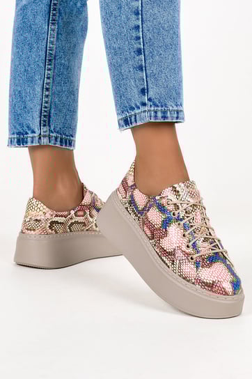 Różowe sneakersy skórzane damskie na platformie sznurowane wzór wężowy ...