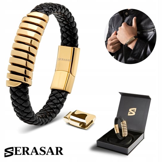 SERASAR, męska skórzana bransoletka „Helix”, złoto, 17 cm, ze stalowym ...