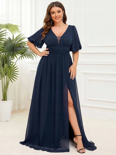 SHEIN GRANATOWA SUKNIA PLUS SIZE Z ROZCIĘCIEM I BUFIASTYM RĘKAWEM 46 ...
