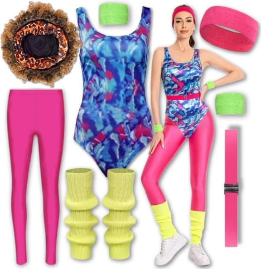 Strój Przebranie Disco Neon Lata 80 90 Zestaw Retro Body Legginsy 8W1 L ...