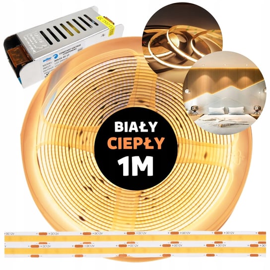 Taśma pasek LED COB linia ciągła neon z zasilaczem biały ciepły 12V 1M ...
