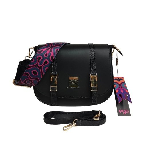 Torebka listonoszka EGO skóra naturalna czarna z klapą dwa paski - Ego | Moda Sklep EMPIK.COM