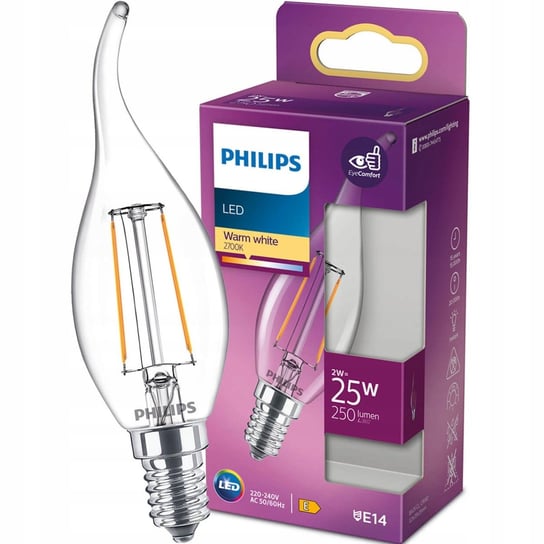 Żarówka Led E14 Ba35 2w 25w 250lm 2700k Ciepła Filament Philips