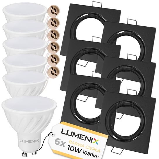 Zestaw 6x oprawa halogenowa CZARNA KWADRATOWA + żarówka GU10 LED 10W Ciepła - Lumenix DLED ...