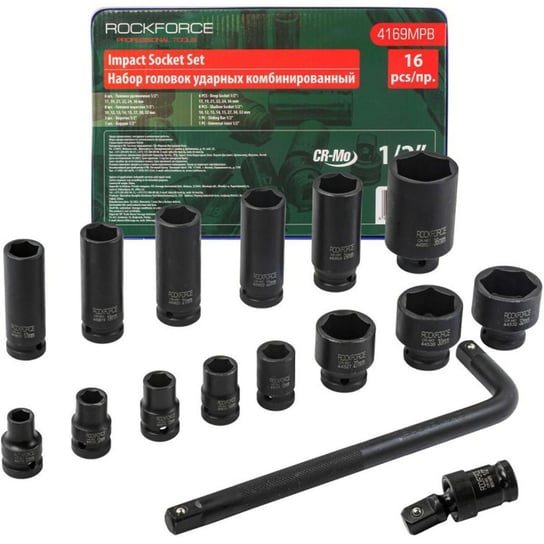 Zestaw komplet nasadek udarowych nasadki klucze udarowe narzędzia 1/2" 16el 17-36mm ROCKFORCE ...