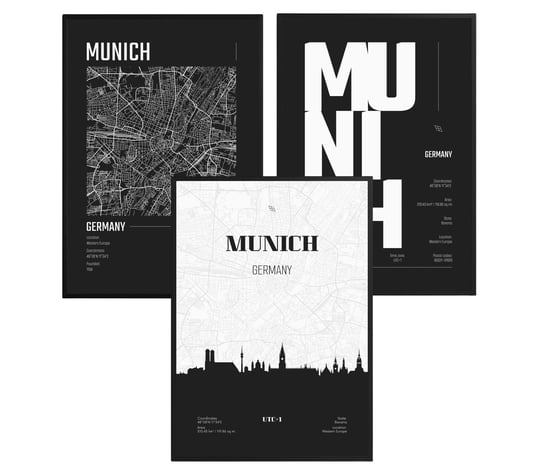 Zestaw Plakatów Monachium Mapa Panorama Czarno Białe 21x30cm - ag.art ...