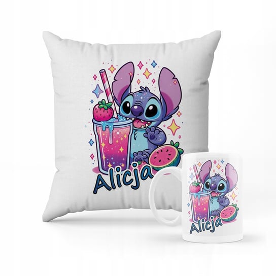 ZESTAW PODUSZKA + KUBEK PREZENT DLA DZIECKA STICH STITCH STICZ + IMIĘ ...