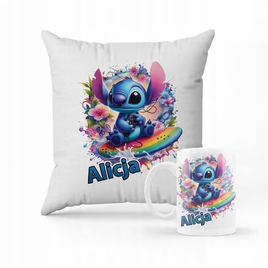 ZESTAW PODUSZKA + KUBEK PREZENT DLA DZIECKA STICH STITCH STICZ + IMIĘ ...