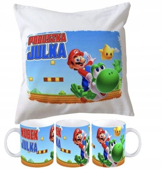 ZESTAW PODUSZKA + KUBEK Prezent SUPER MARIO BROS MARIO LUIGI + IMIĘ 23 ...