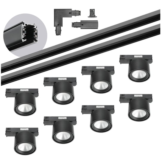 Zestaw szynowy 3 fazowy szyna 2m+2m, 8x LED 10W, łącznik L CZARNY komplet - Kobi | Sklep EMPIK.COM