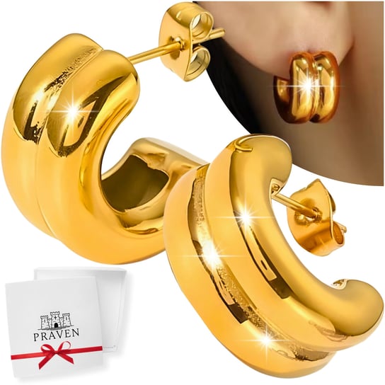 Złote Kolczyki 18K Stal Chirurgiczna 316L Wkrętki Kółka Szerokie Podwójne Pozłacane - PRAVEN ...